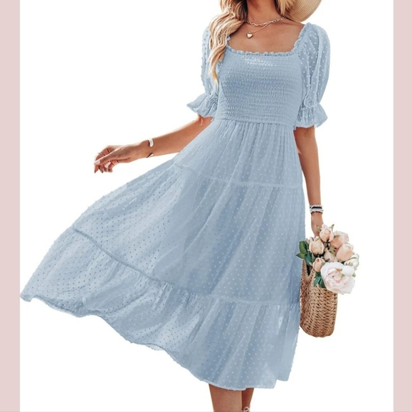 merokeety | Dresses | Merokeety Blue Swiss Dot Smocked Puff Sleeve Midi ...